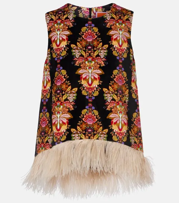 La DoubleJ La Scala Feather-trimmed Cotton Top - Multicoloured