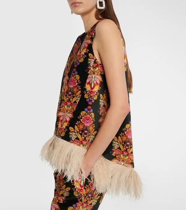 La DoubleJ La Scala Feather-trimmed Cotton Top - Multicoloured