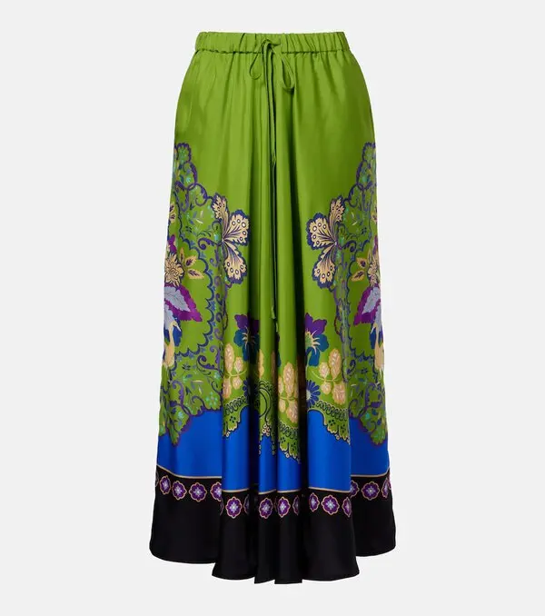 La DoubleJ Printed Silk Midi Skirt - Green