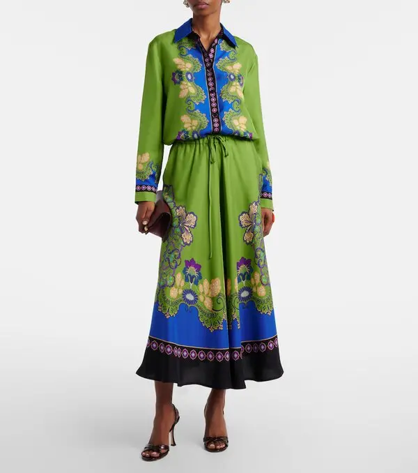 La DoubleJ Printed Silk Midi Skirt - Green