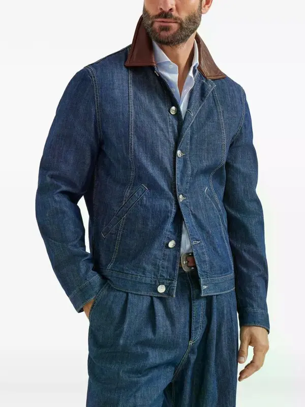 Brunello Cucinelli Leather-collar Denim Jacket - Blue