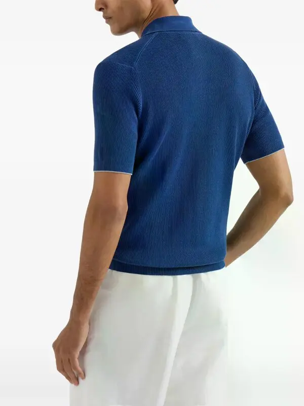 Brunello Cucinelli Cotton Half English Rib Knit Polo Shirt - Blue