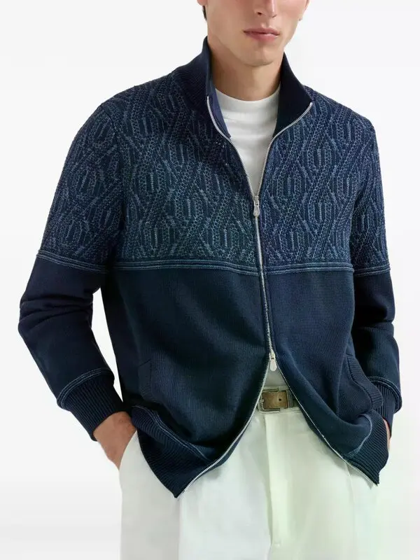 Brunello Cucinelli Jacquard Cable Cotton Cardigan - Blue