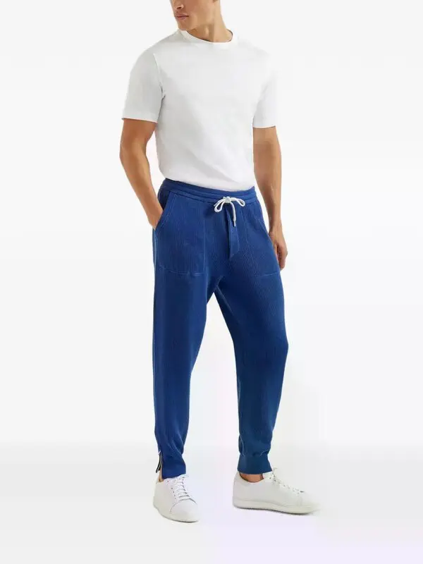 Brunello Cucinelli Cotton English Rib Knit Trousers With Zipper Cuffs - Blue