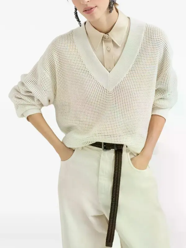 Brunello Cucinelli Open-knit V-neck Sweater - White