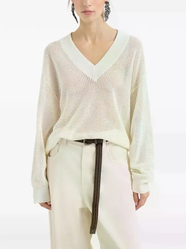 Brunello Cucinelli Open-knit V-neck Sweater - White