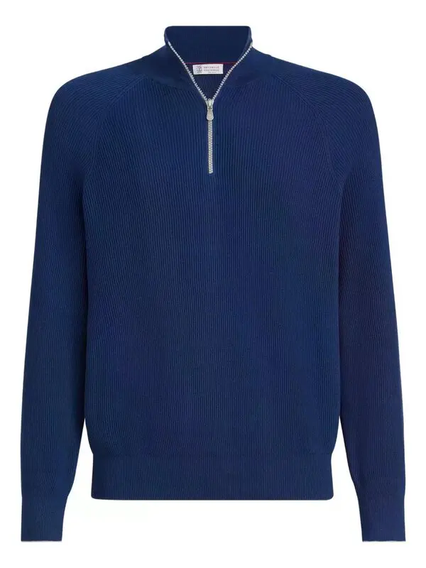 Brunello Cucinelli Zip Cotton Sweater - Blue