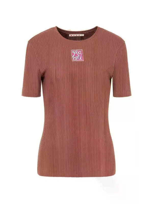 Marni Ribbed Knit T-shirt With Embroidered Logo - Brown