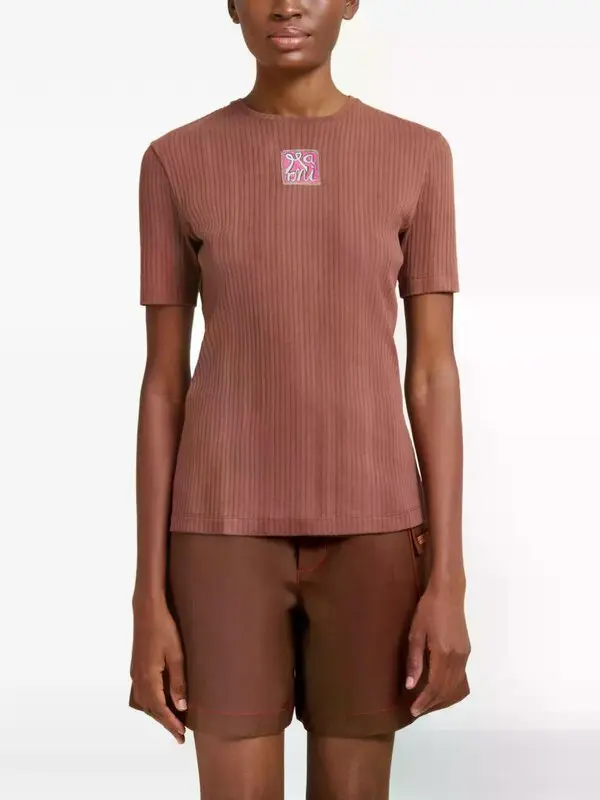 Marni Ribbed Knit T-shirt With Embroidered Logo - Brown
