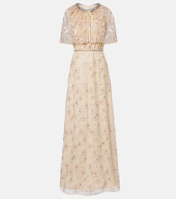 SELF-PORTRAIT Embellished Floral Caped Maxi Dress