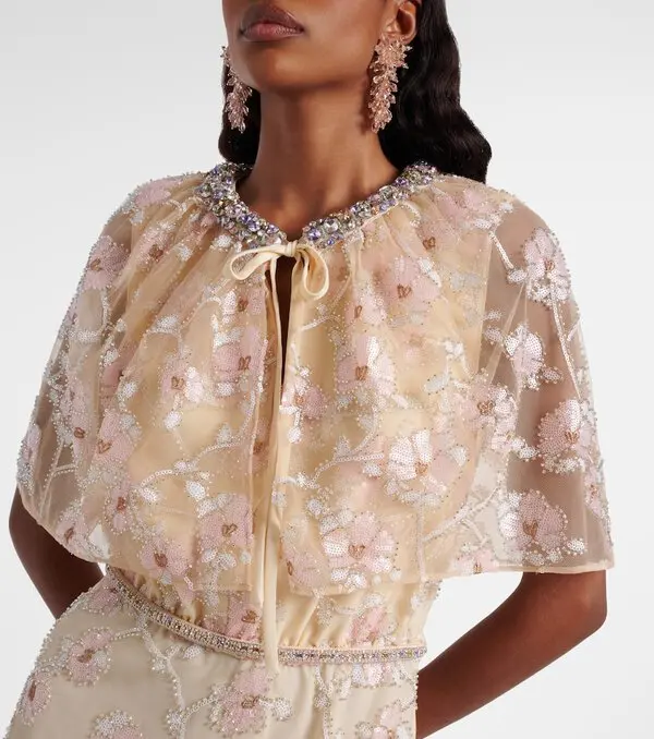 SELF-PORTRAIT Embellished Floral Caped Maxi Dress