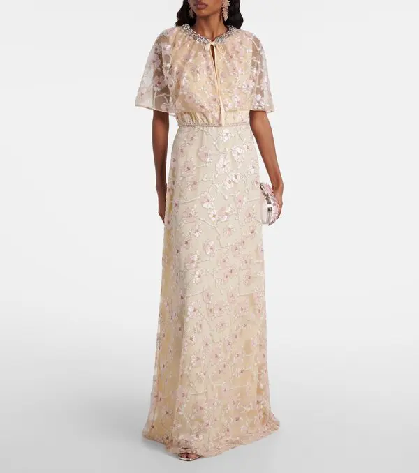 SELF-PORTRAIT Embellished Floral Caped Maxi Dress