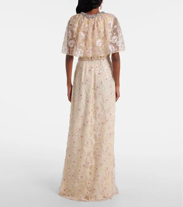 SELF-PORTRAIT Embellished Floral Caped Maxi Dress