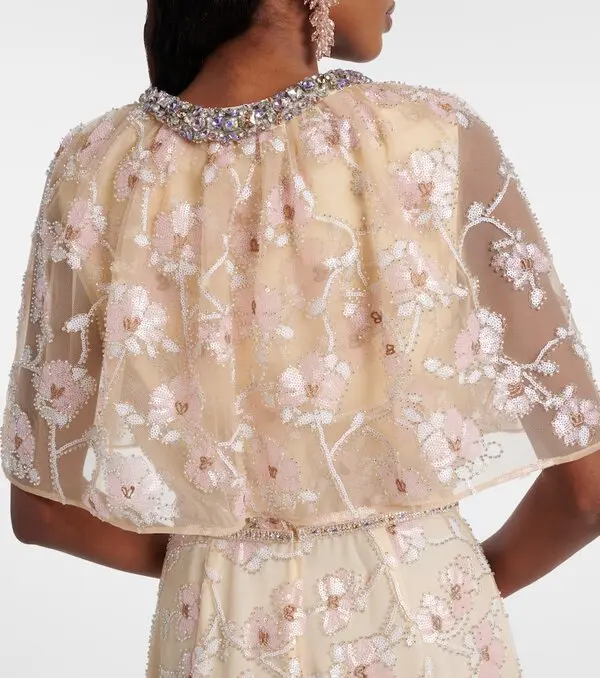 SELF-PORTRAIT Embellished Floral Caped Maxi Dress