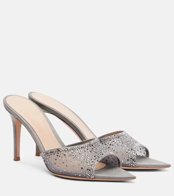 GIANVITO ROSSI Rania 85 Embellished Organza Mules - Silver