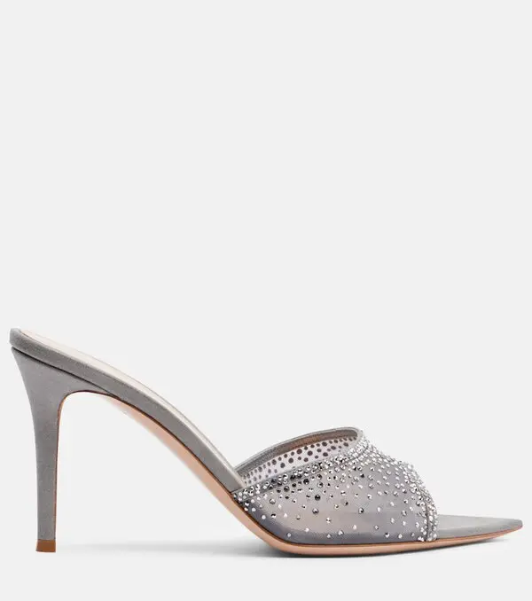GIANVITO ROSSI Rania 85 Embellished Organza Mules - Silver