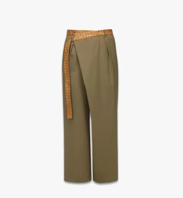 Mcm Wool Twill Pants With Monogram Print Leather Belt