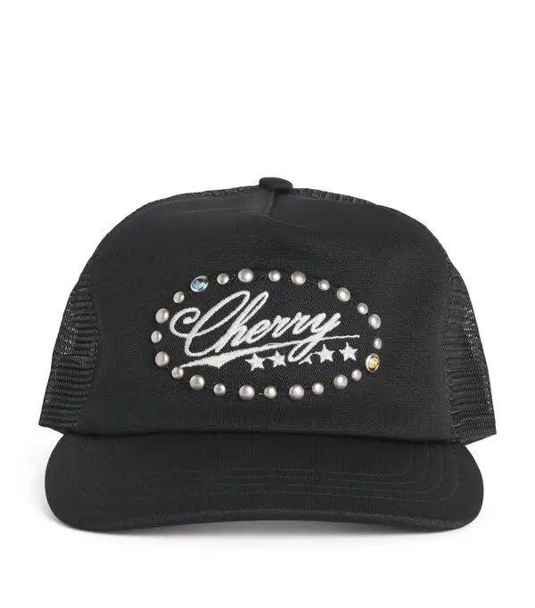 CHERRY LOS ANGELES Canvas Logo Embroidery Trucker Cap - Black