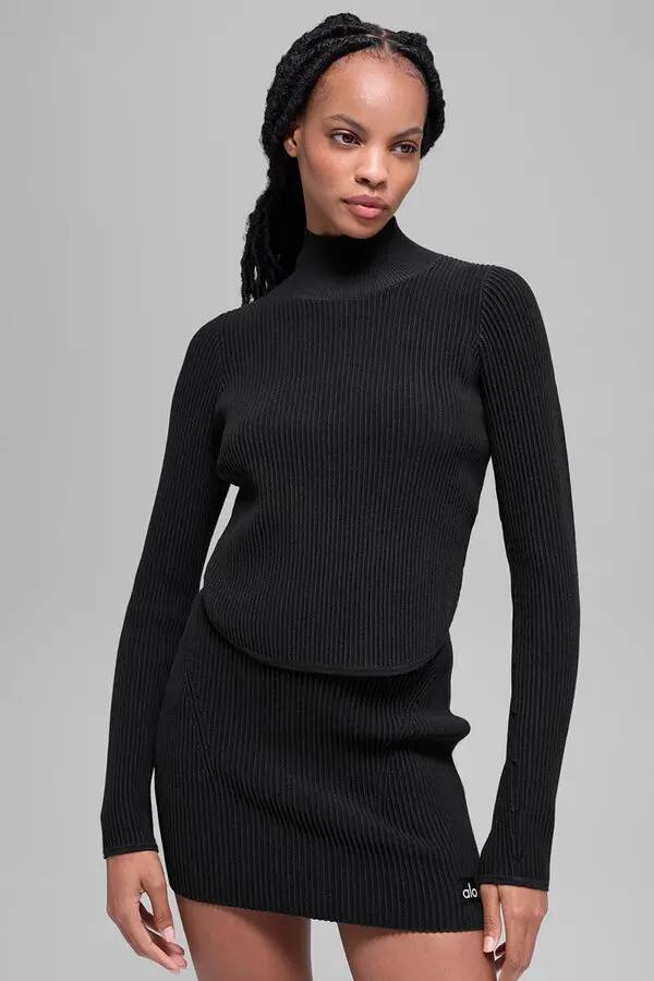 Alo Yoga Denim Knit Backless Long Sleeve Top - Black/anthracite