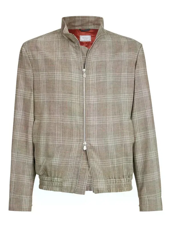 Brunello Cucinelli Checked Stand Collar Bomber Jacket - Neutrals