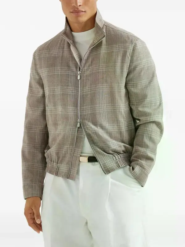 Brunello Cucinelli Checked Stand Collar Bomber Jacket - Neutrals