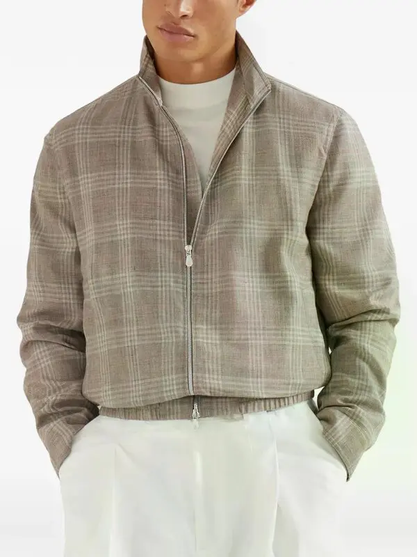 Brunello Cucinelli Checked Stand Collar Bomber Jacket - Neutrals