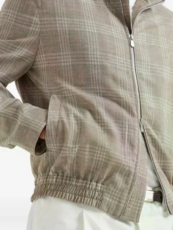 Brunello Cucinelli Checked Stand Collar Bomber Jacket - Neutrals