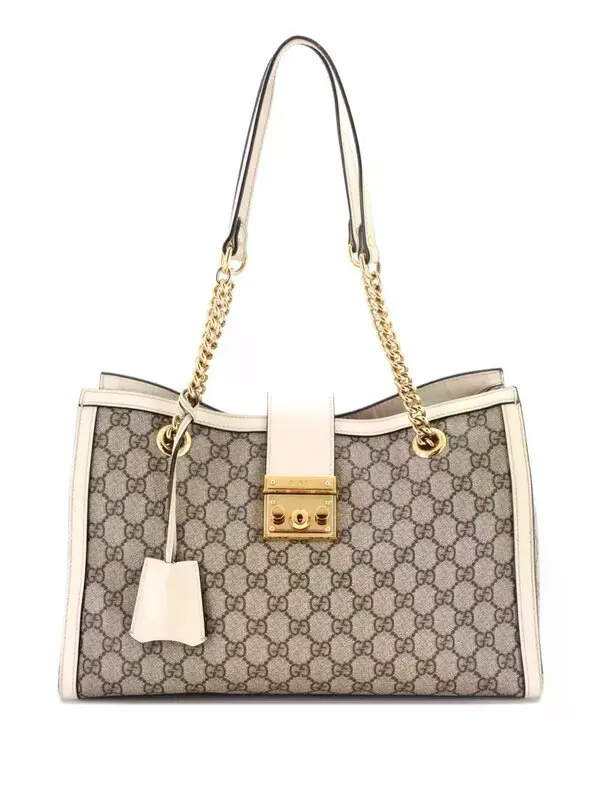 Gucci Padlock Chain Gg Coated Canvas With Leather Medium Tote Bag - Neutrals