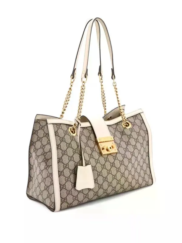 Gucci Padlock Chain Gg Coated Canvas With Leather Medium Tote Bag - Neutrals