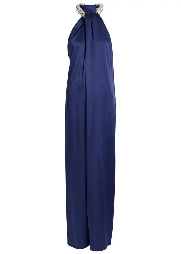 Stella McCartney Draped Faux Pearl-embellished Satin Jumpsuit - Navy
