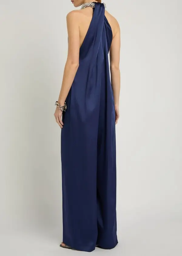Stella McCartney Draped Faux Pearl-embellished Satin Jumpsuit - Navy