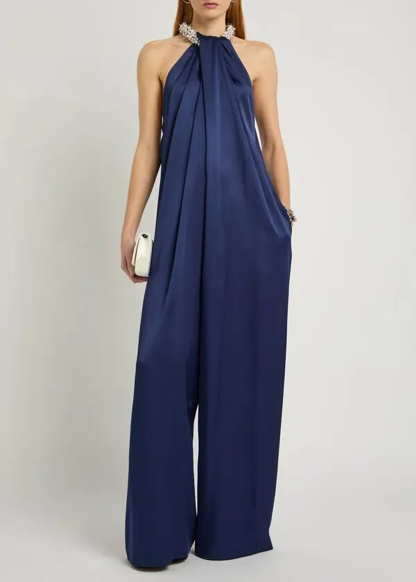 Stella McCartney Draped Faux Pearl-embellished Satin Jumpsuit - Navy