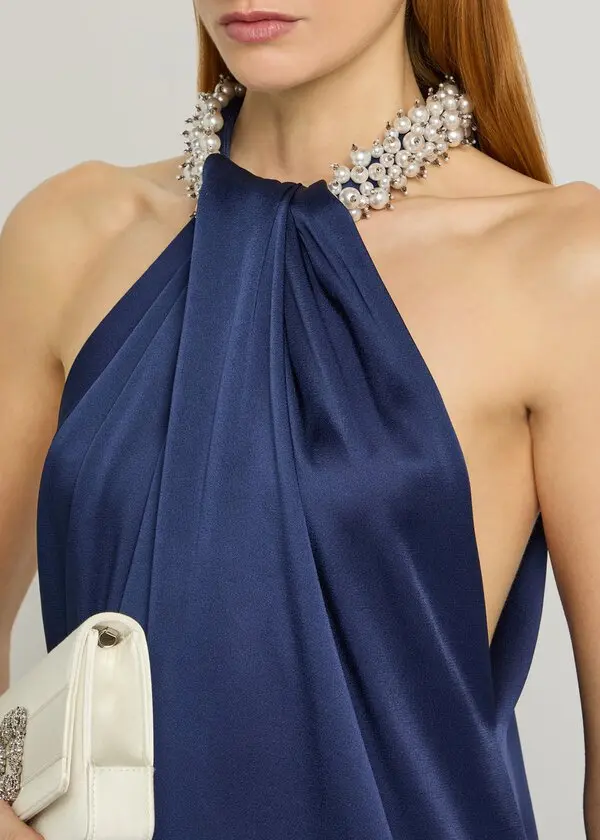 Stella McCartney Draped Faux Pearl-embellished Satin Jumpsuit - Navy
