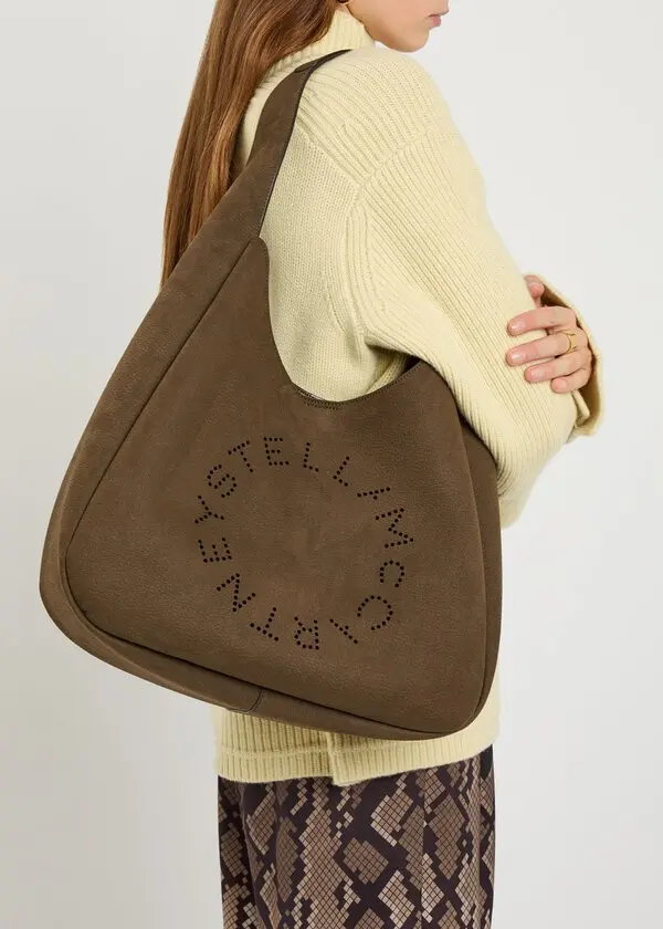 Stella McCartney Logo Faux Suede Shoulder Bag - Moca