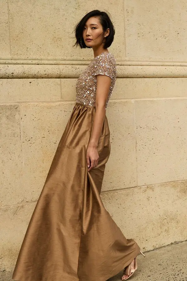 Sachin & Babi Embellished Short Sleeve Ball Gown - Cafe