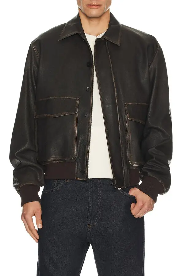 LE17SEPTEMBRE Distressed Leather Bomber Jacket - Brown