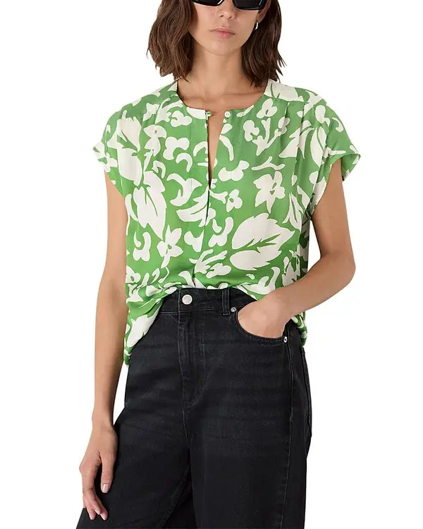 Whistles Floral Print Keyhole Top - Green/multi