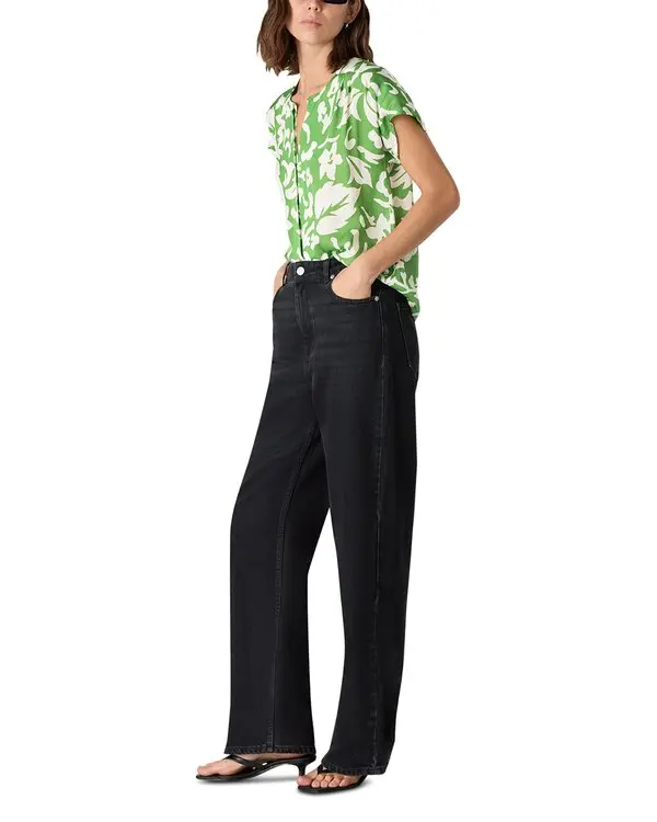 Whistles Floral Print Keyhole Top - Green/multi