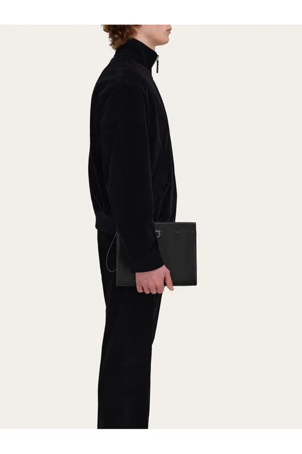 FERRAGAMO Gancini Hammered Calfskin Pouch - Black