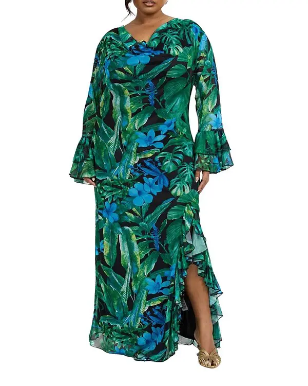FASHION-SZN CURVE Ruffle Cowl Neck Palm Print Maxi Dress - Green