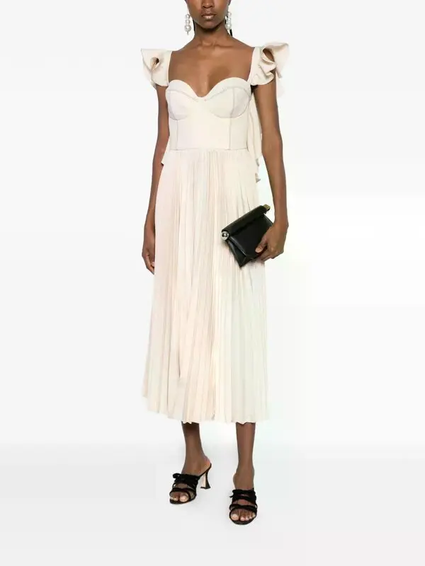 PARLOR Ruffled Pleated Midi Dress - Neutrals
