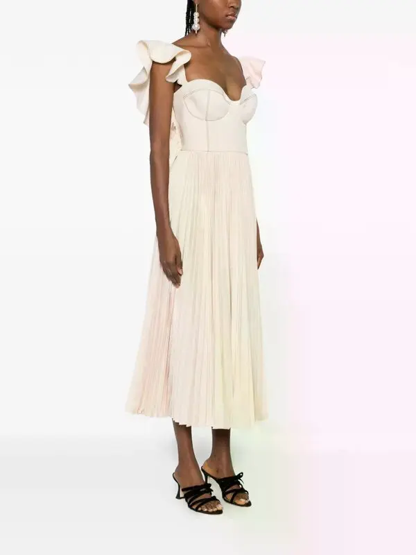 PARLOR Ruffled Pleated Midi Dress - Neutrals