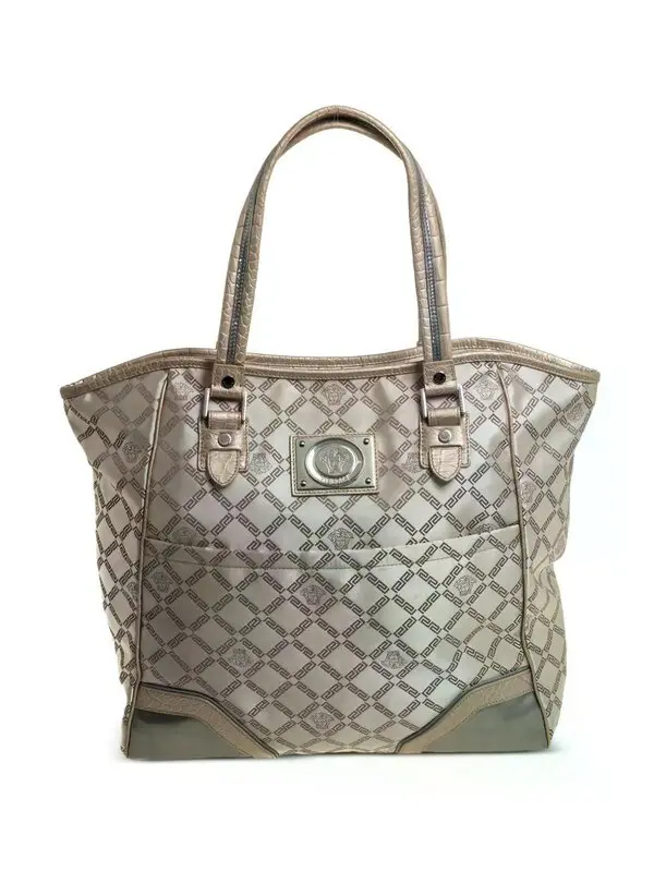 Versace Monogram Fabric And Croc Embossed Leather Tote