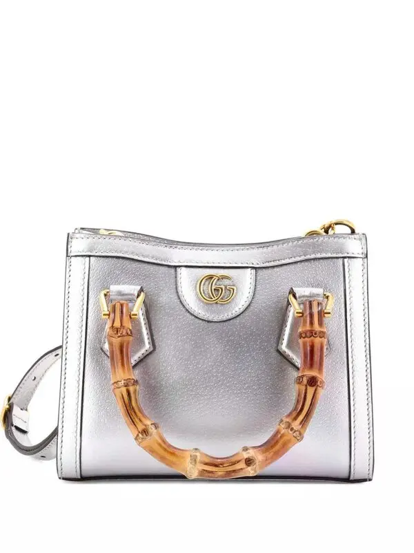 Gucci Diana Mini Leather Tote With Bamboo Handle And Crossbody Strap - Silver