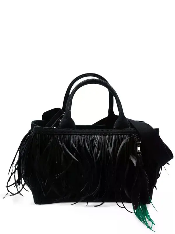 Prada Small Feather Trimmed Canapa Satchel - Black