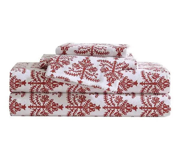 Eddie Bauer Jolly Trees Red Cotton Flannel Quee N Sheet Set - One-color