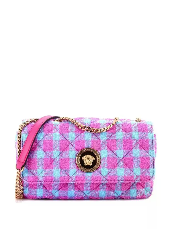 Versace Medusa Icon Chain Flap Bag Quilted Tweed Mini Shoulder Bag - Blue