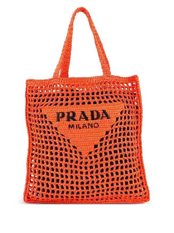 Prada Triangle Logo Open Raffia Tote Bag - Orange