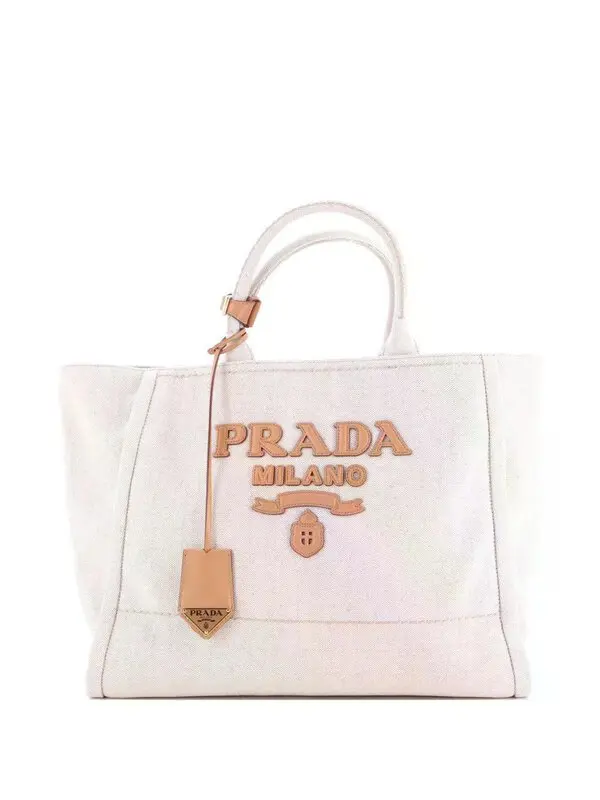 Prada Logo Linen Blend Large Tote Bag - Brown