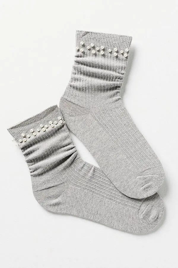Anthropologie Pearl-embellished Ribbed Trouser Socks - Grey